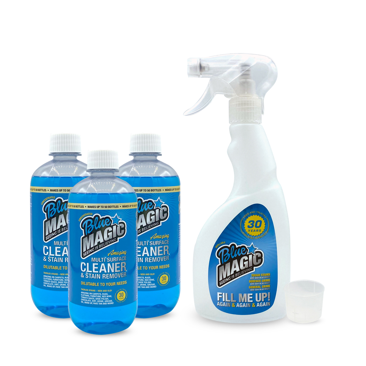 Blue Magic Bundle - 3 x 500ml Solution,1 x Trigger Spray Bottle and 1 x Measuring Cup - ShopOnTV